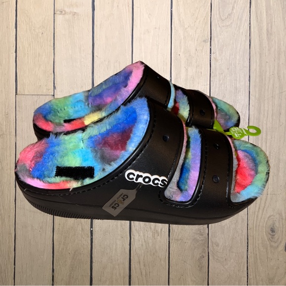CROCS | Shoes | New Crocs Cozzzy Fuzzy Lined Sandals W Rainbow Dye ...